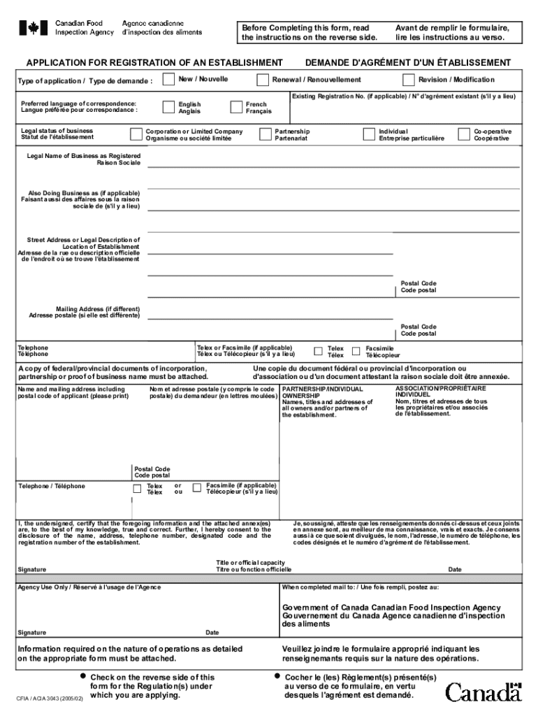 Remplissable en ligne APPLICATION FOR REGISTRATION OF AN ESTABLISHMENT ...