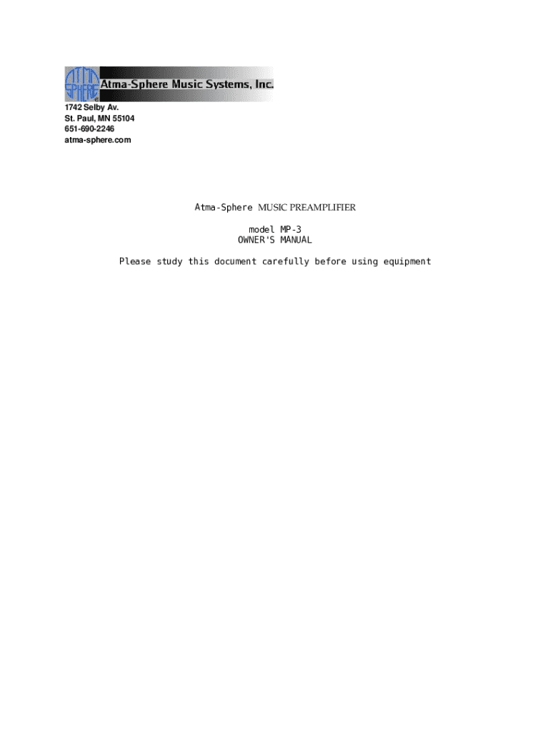 Fillable Online Atma-sphere Music Preamplifier Model Mp-3 Owner's Manual Fax Email Print - pdfFiller
