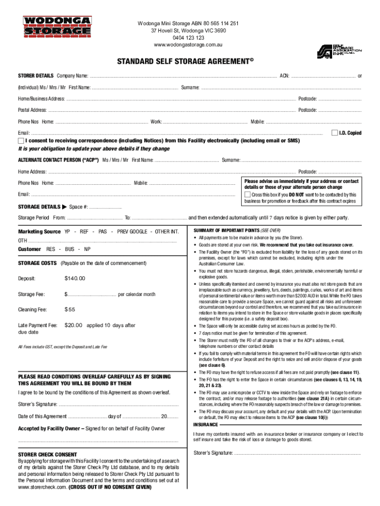 Fillable Online Standard Self Storage Agreement © Fax Email Print ...