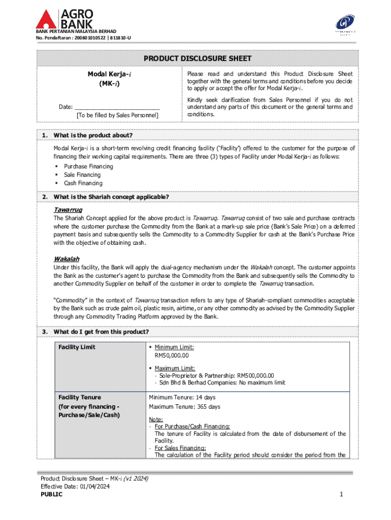 Fillable Online 1 PRODUCT DISCLOSURE SHEET - Agrobank Fax Email Print ...