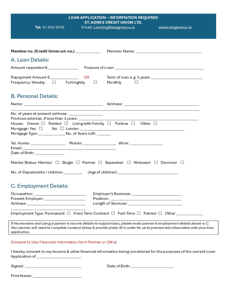 Fillable Online Loan ApplicationInformation requiredSt. AGnes Credit Union Ltd. Fax Email Print ...