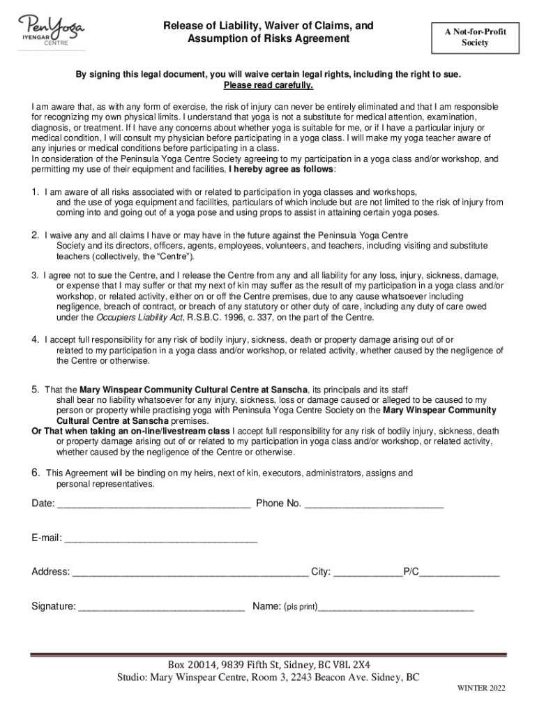 Fillable Online Release of Liability, Waiver of Claims, and Assumption ...