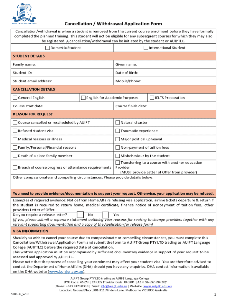 Fillable Online Cancellation / Withdrawal Application Form - AUIPT Language ... Fax Email Print ...