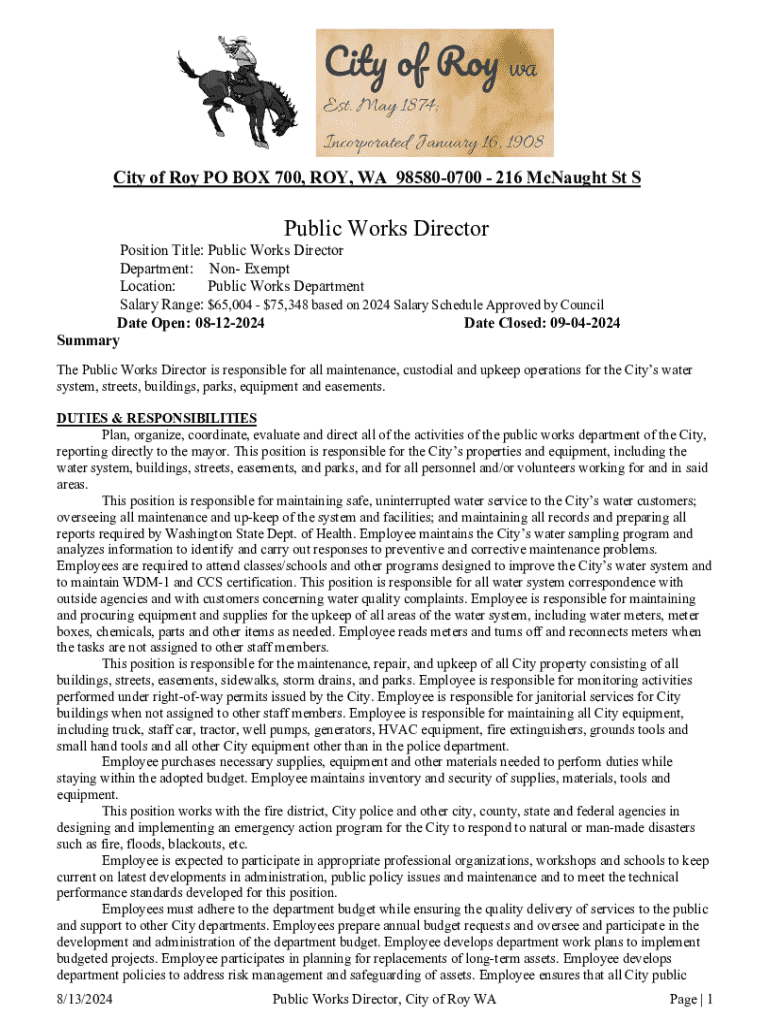 Fillable Online PUBLIC WORKS DIRECTOR The City of Roy is looking for ... Fax Email Print - pdfFiller