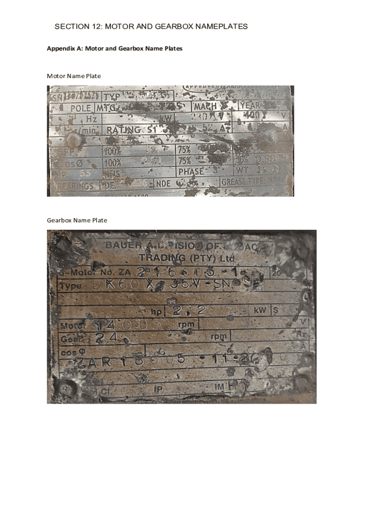 Fillable Online SECTION 12: MOTOR AND GEARBOX NAMEPLATES Fax Email ...