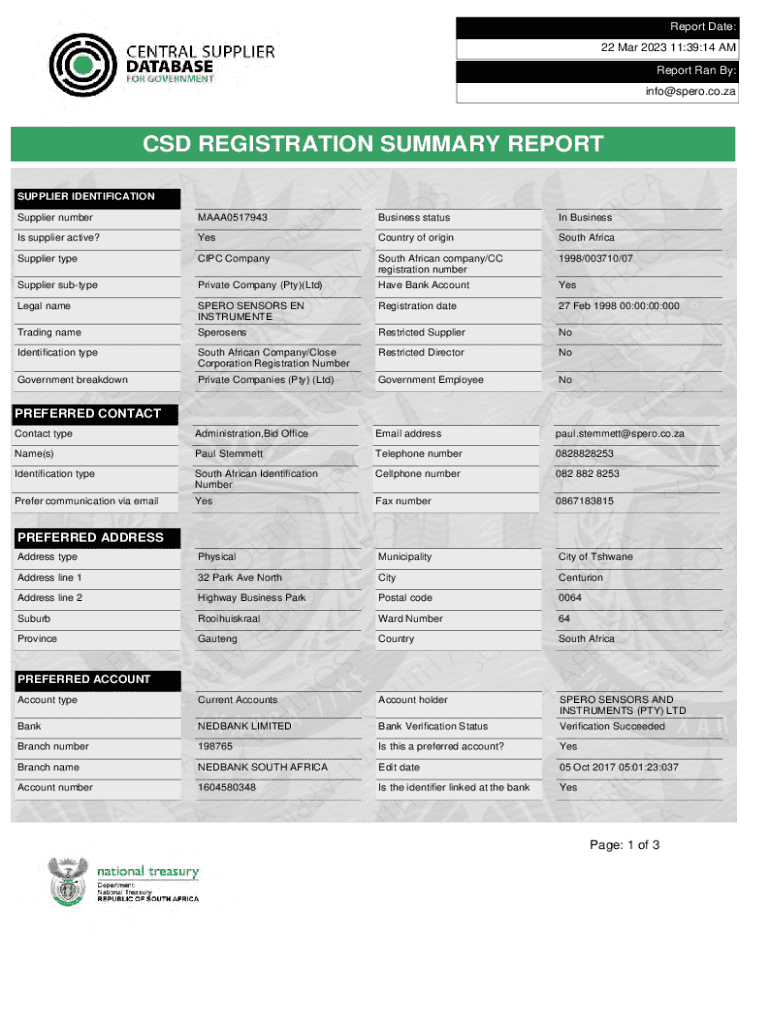 Fillable Online Csd Registration Summary for Spero Sensors En ...