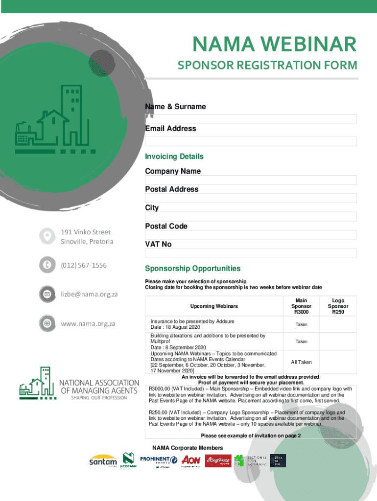 Fillable Online Nama Webinar Sponsor Registration Fax Email Print ...