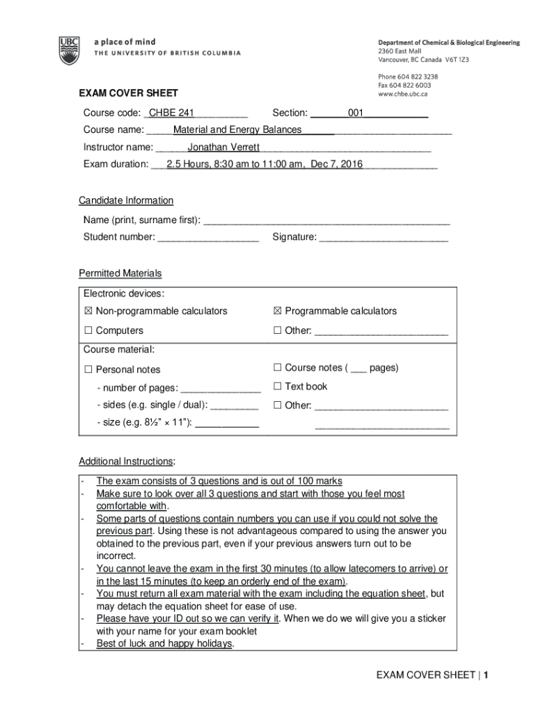 Fillable Online 1 EXAM COVER SHEET Course code Fax Email Print - pdfFiller