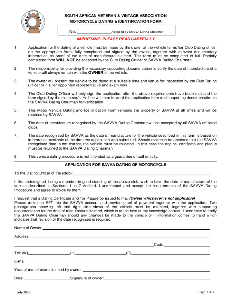 Fillable Online Savva Motorcycle Dating and Identification Fax Email ...