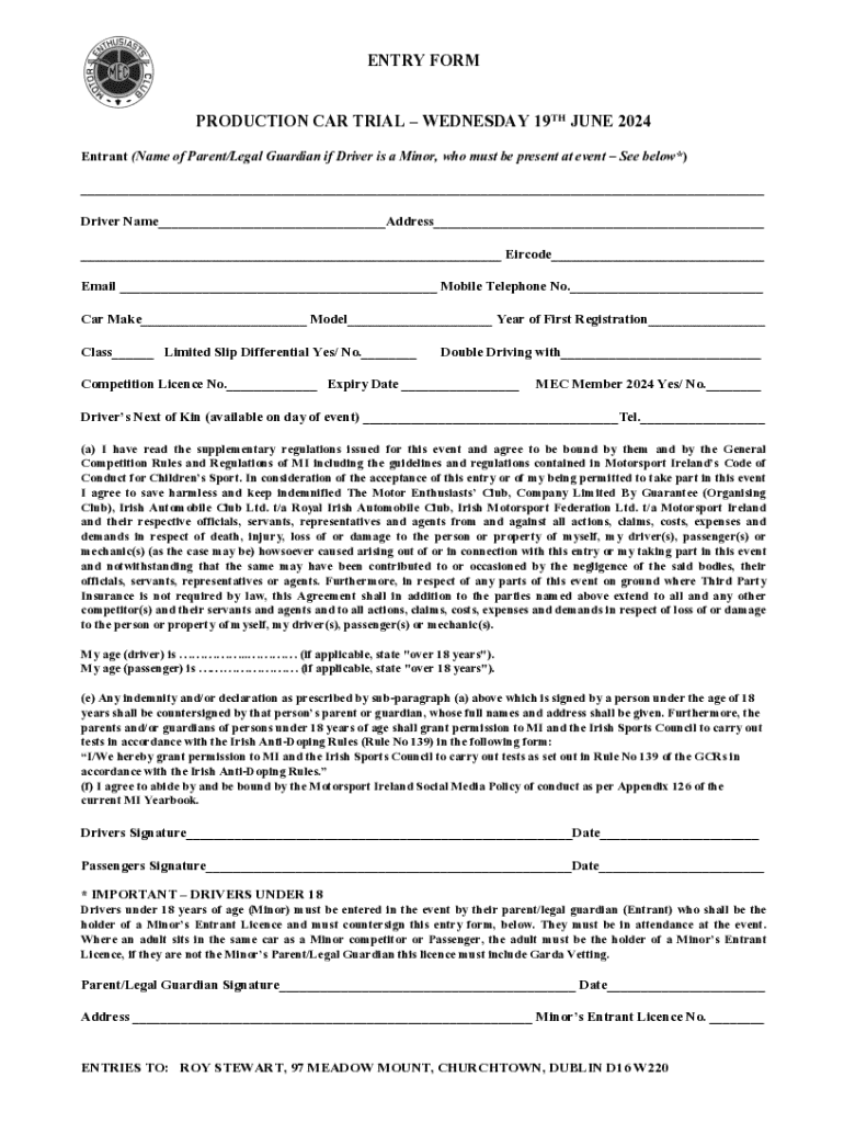 Fillable Online Production Car Trial – Wednesday 19th June 2024 Fax ...