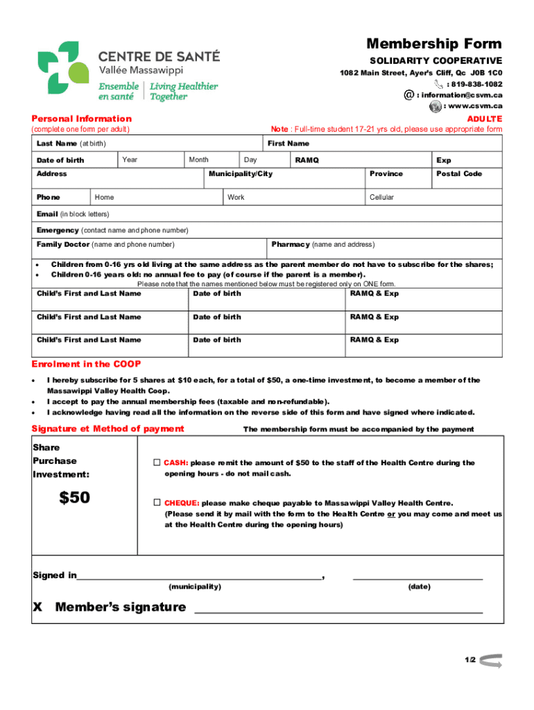 Fillable Online Membership Application for Solidarity Cooperative Fax ...
