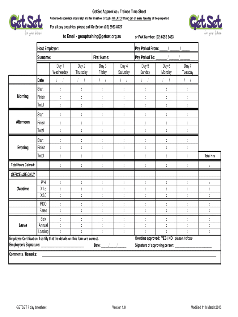 Fillable Online Apprentice / Trainee Timesheet Submission Fax Email ...