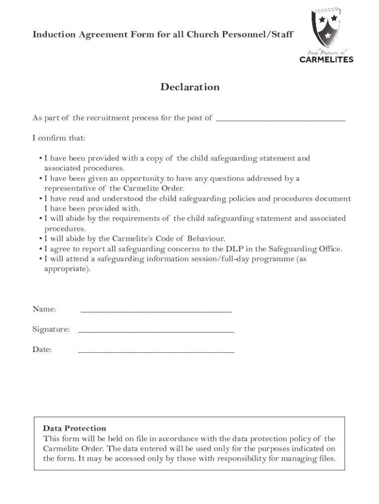 Fillable Online Induction Agreement Form for all Church Personnel/Staff ...