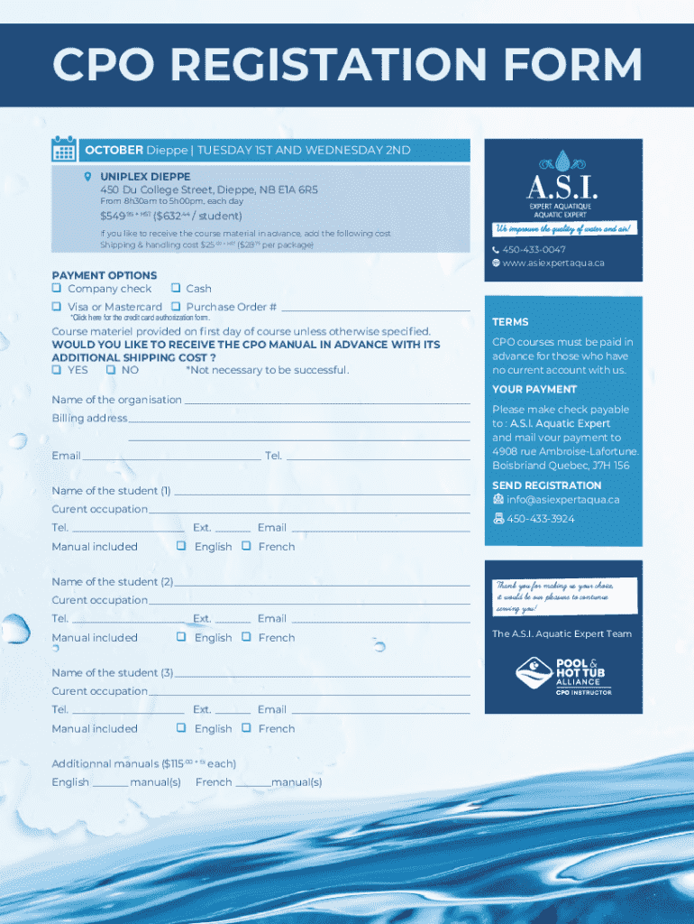 Fillable Online Cpo Registration for October Course Fax Email Print ...