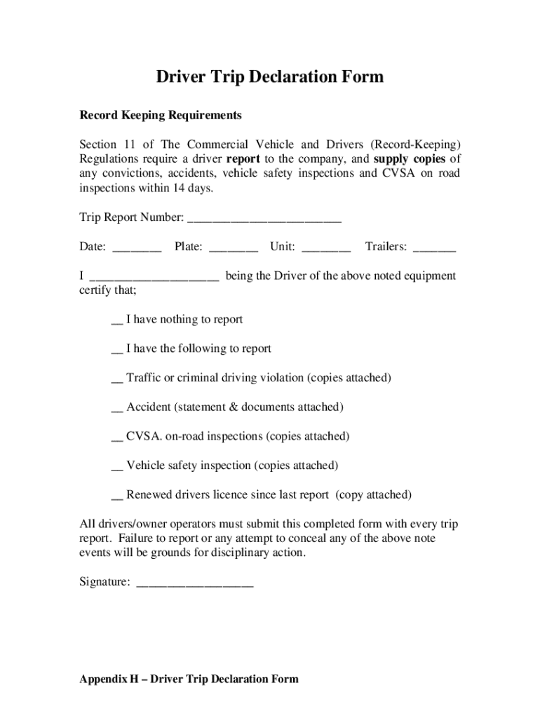 Fillable Online Appendix H - Driver Trip Declaration Form.doc Fax Email ...