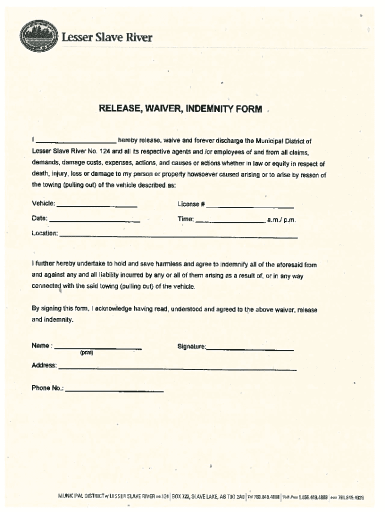 Fillable Online Towing Release Waiver Indemnity Form Fax Email Print ...