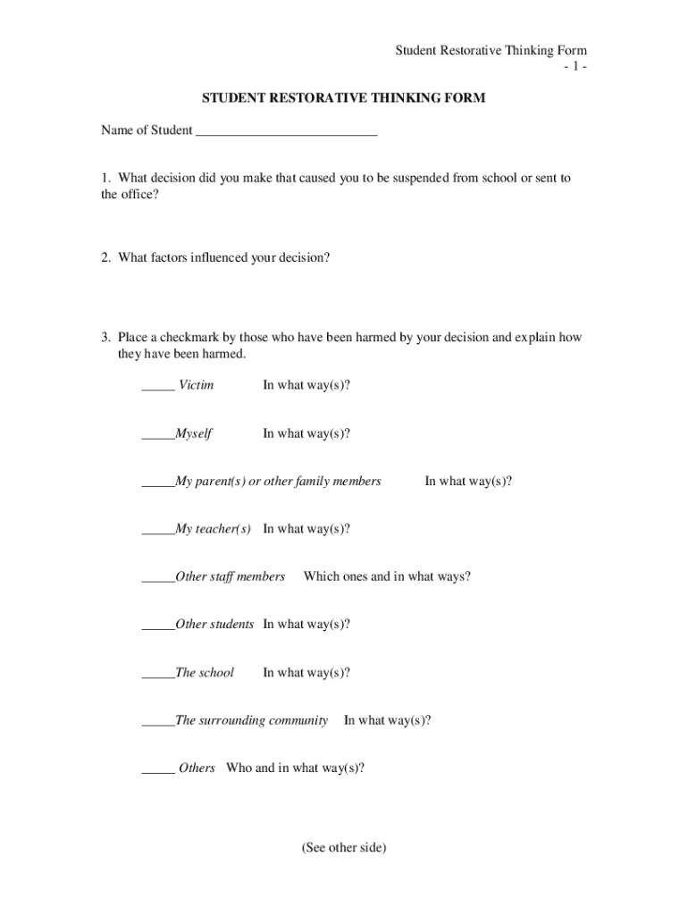 Fillable Online Student Restorative Thinking Form Fax Email Print ...