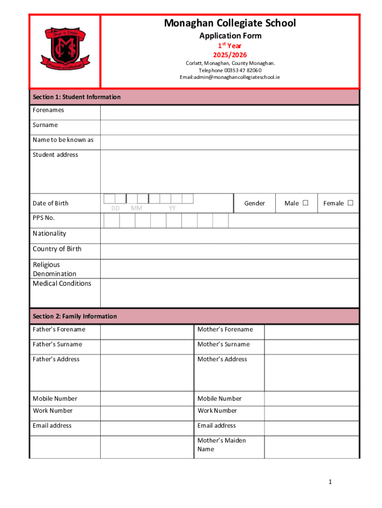 Fillable Online Admissions Notice & 1st Year Application Form Fax Email ...