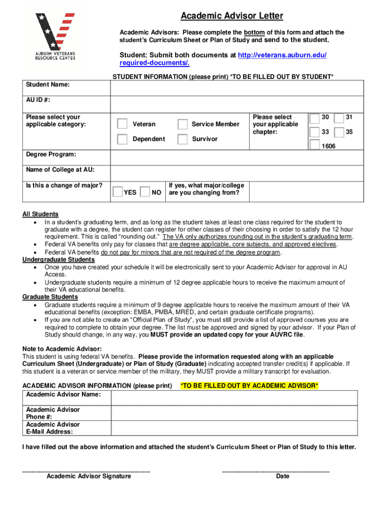 Fillable Online Academic Advisor Letter for Va Benefits Fax Email Print - pdfFiller