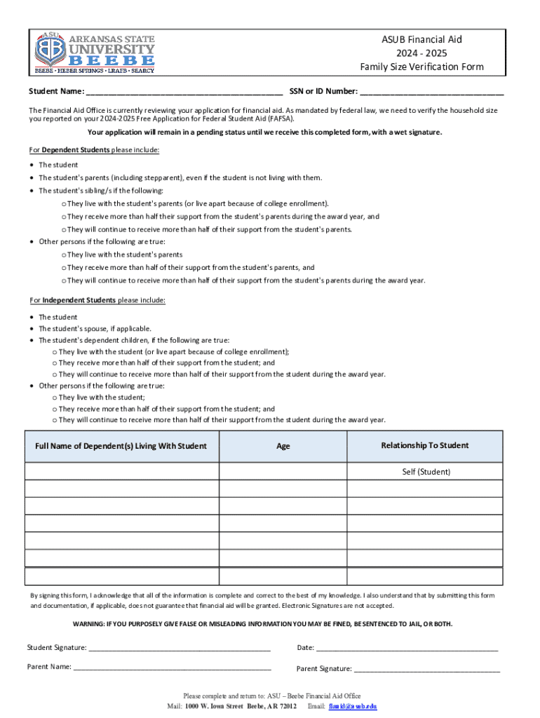 Fillable Online Asub Financial Aid 2024 - 2025 Family Size Verification Fax Email Print - pdfFiller