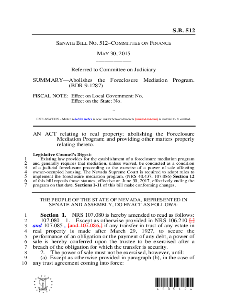 Fillable Online Senate Bill No. 512 - Abolishing the Foreclosure ...