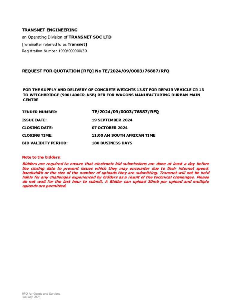 Fillable Online REQUEST FOR QUOTATION RFQ No TE/2024/09/0003/76887/RFQ Fax Email Print - pdfFiller