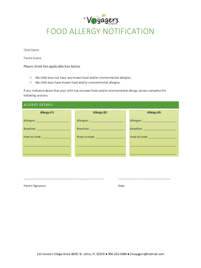 Fillable Online Food Allergy Notification Fax Email Print - pdfFiller