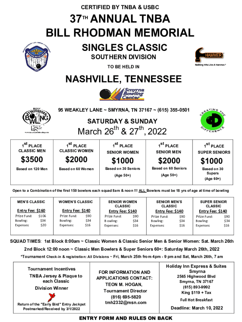 Fillable Online 37th Annual Tnba Bill Rhodman Memorial Singles Classic ...
