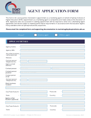 Fillable Online Agent Application Form for Sydney Institute of Higher ...