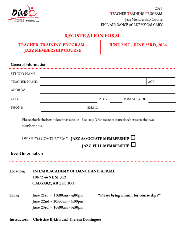 Fillable Online 2024 Teacher Training Program - Jazz Membership Course Registration Fax Email ...