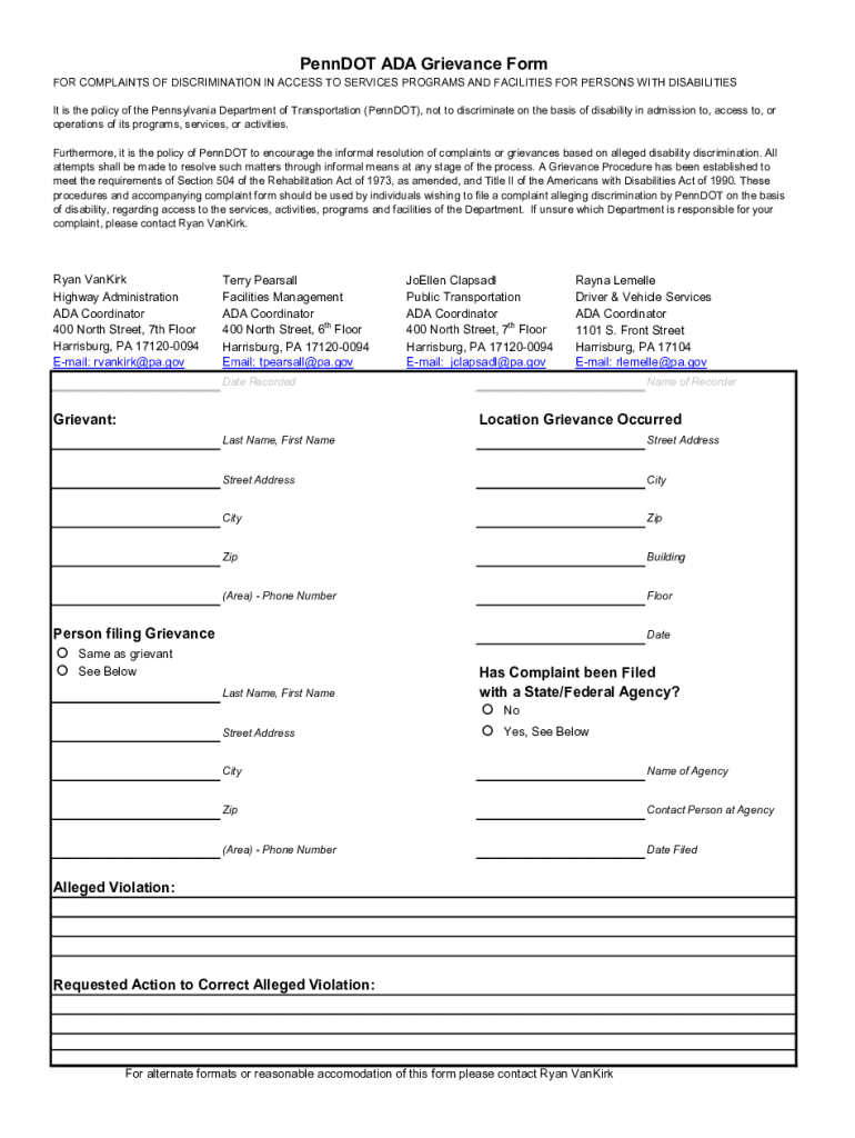 Fillable Online PennDOT ADA Grievance Form Fax Email Print - pdfFiller