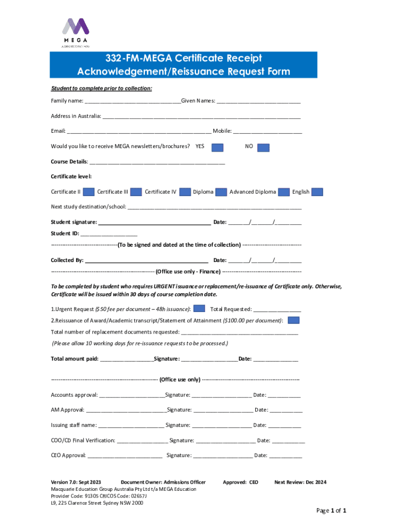 Fillable Online Certificate Receipt Acknowledgement/reissuance Request Fax Email Print - pdfFiller