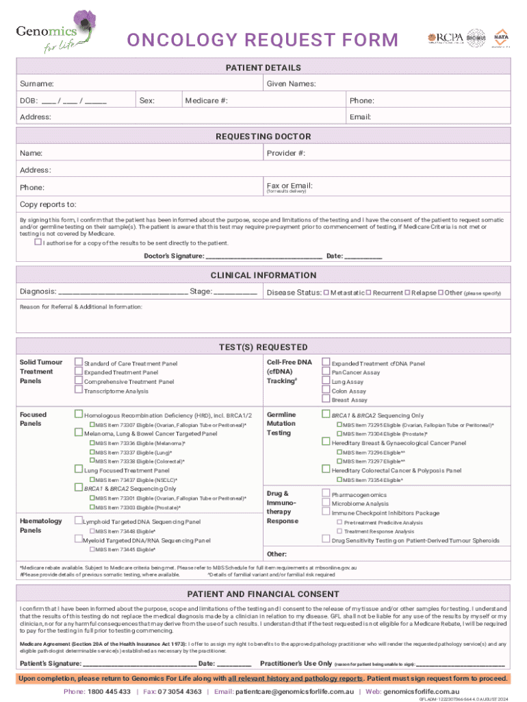 Fillable Online ONCOLOGY REQUEST FORM Genomics For Life Fax Email Print - pdfFiller