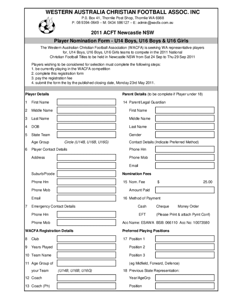 Fillable Online 2011 Acft Newcastle Nsw Player Nomination Form Fax ...