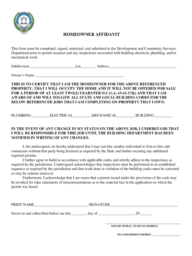 Fillable Online HOMEOWNER\'S AFFIDAVIT Permit No.: Fax Email Print ...