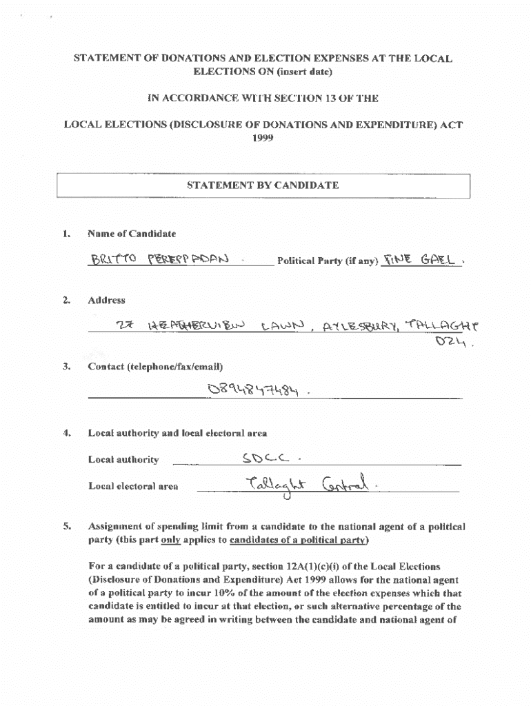 Fillable Online Statement of Donations and Election Expenses at the ...