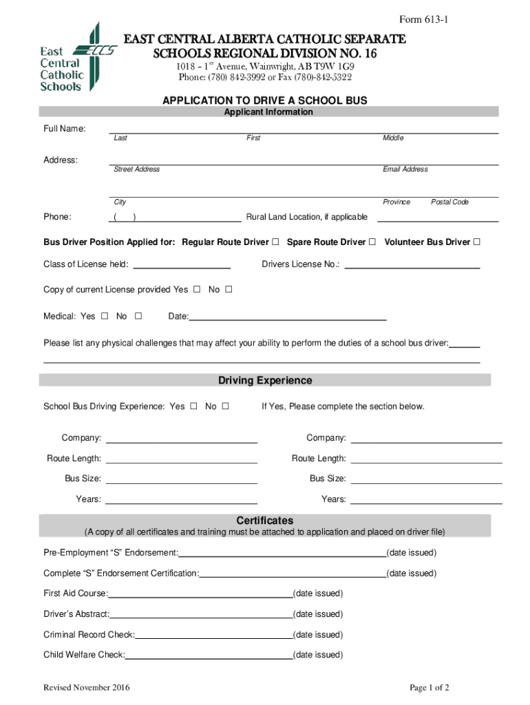 Fillable Online Form 613-1 - Bus Driver Application ... Fax Email Print ...