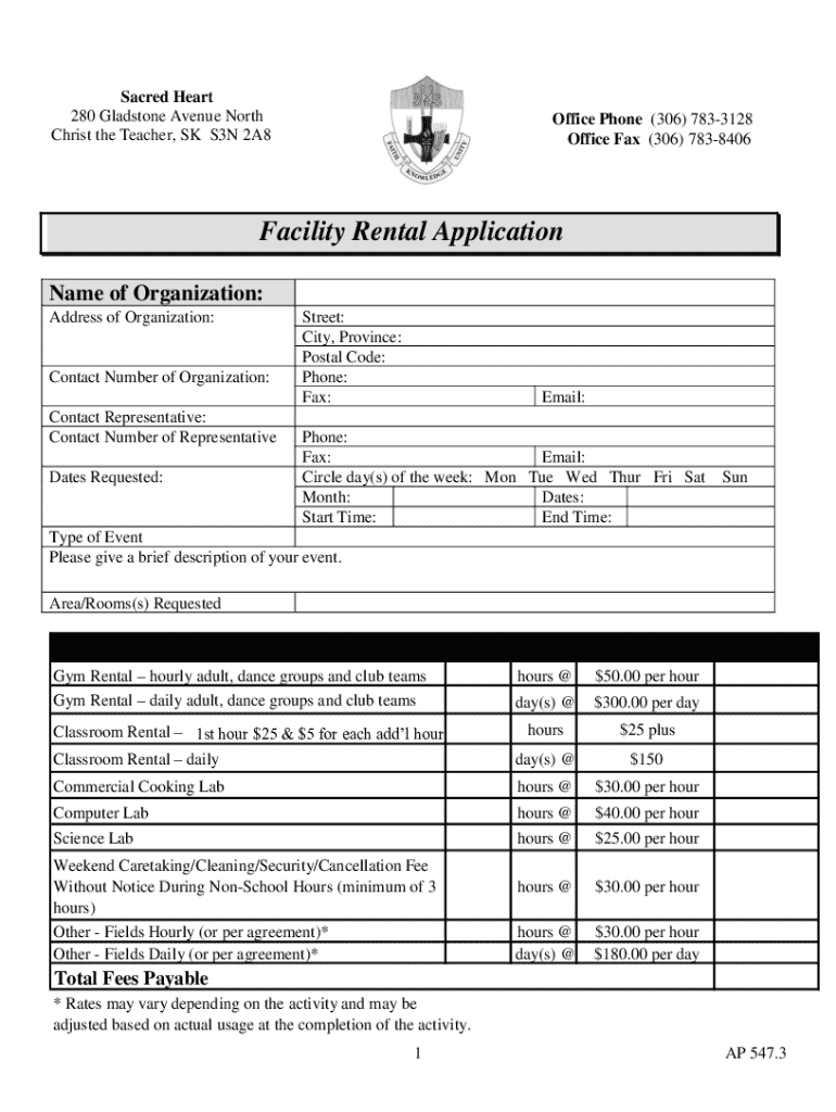 Fillable Online Facility Rental Application - Sacred Heart High School ...