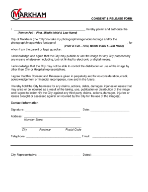 Fillable Online City of Markham Consent & Release Form Fax Email Print ...