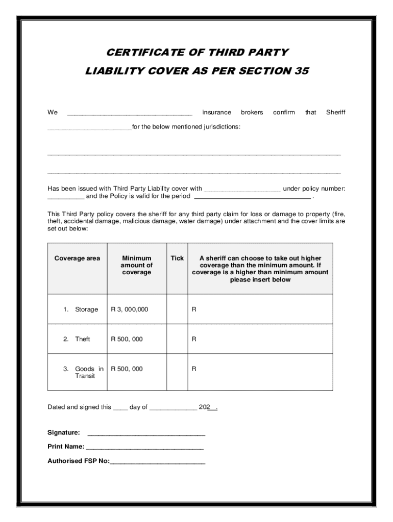 Fillable Online CERTIFICATE OF THIRD PARTY LIABILITY COVER AS PER ...