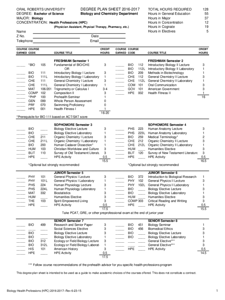 Fillable Online Bs in Biology - Health Professions Concentration Fax ...
