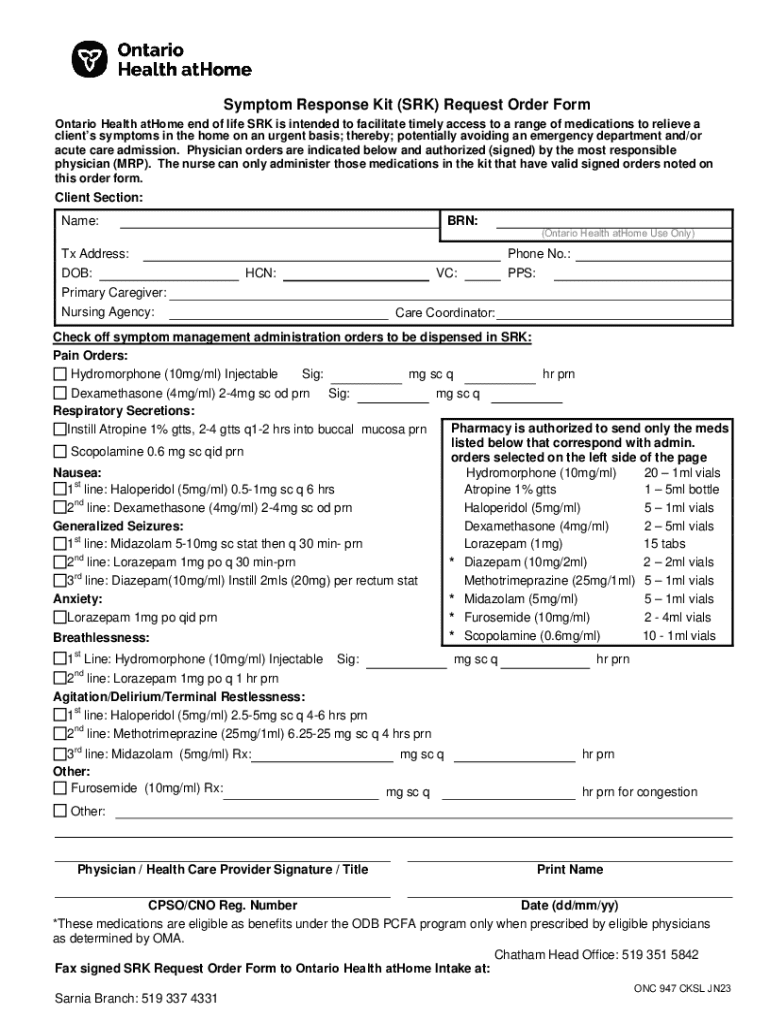 Fillable Online Symptom Response Kit (SRK) Request Order Form Fax Email ...