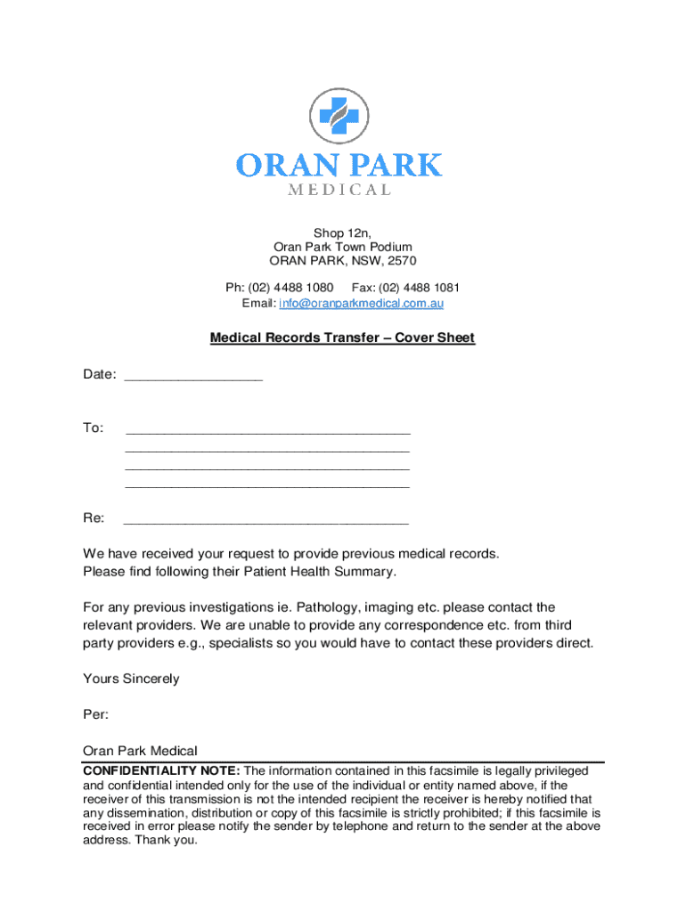 Fillable Online Medical Records Transfer Cover Sheet Fax Email Print ...