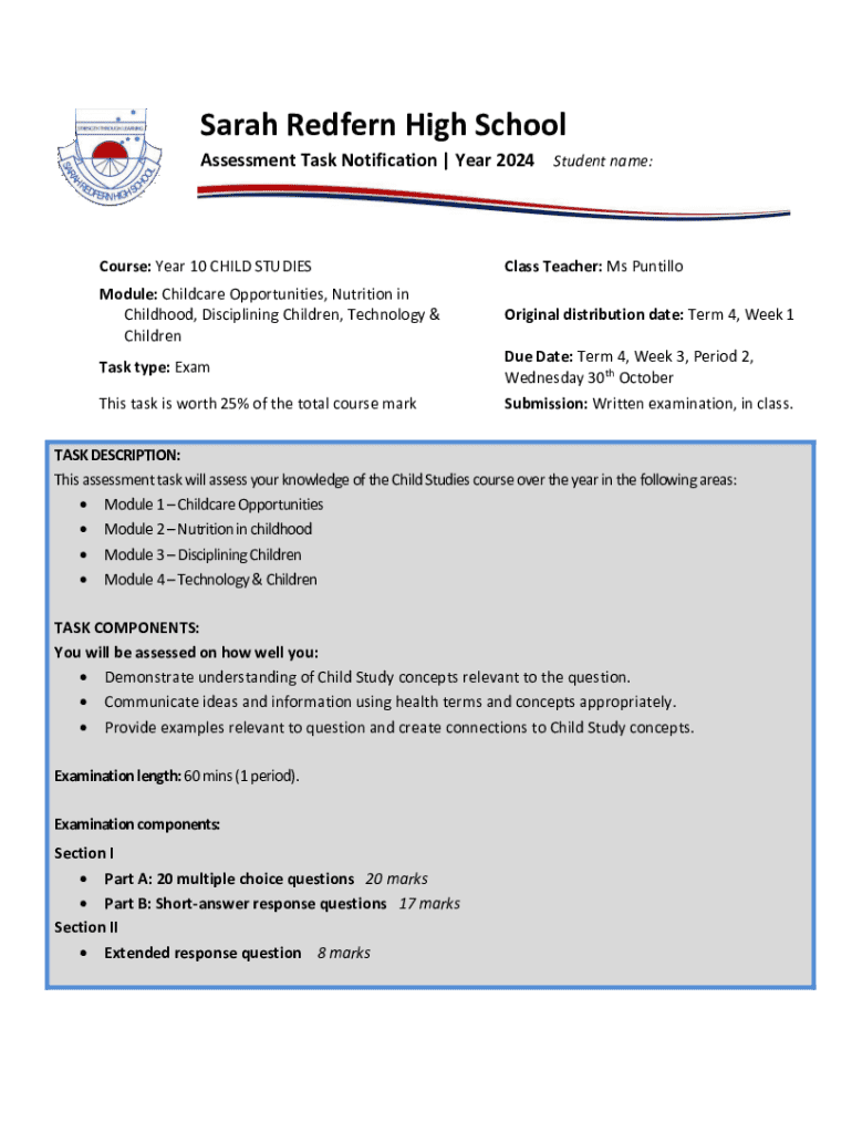 Fillable Online Year 10 Child Studies Exam Notification Fax Email Print - pdfFiller