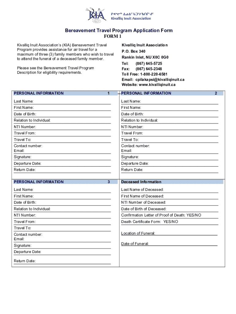 Fillable Online Kivalliq Inuit Association’s Bereavement Travel Program ...