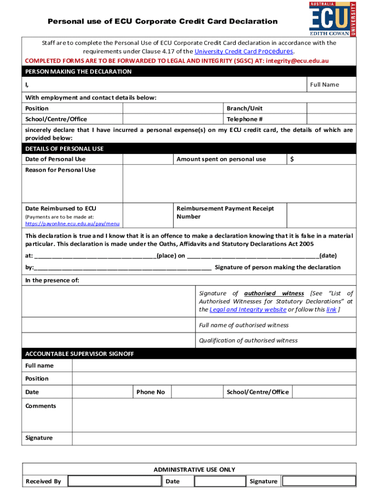 Fillable Online Personal Use of Ecu Corporate Credit Card Declaration Fax Email Print - pdfFiller