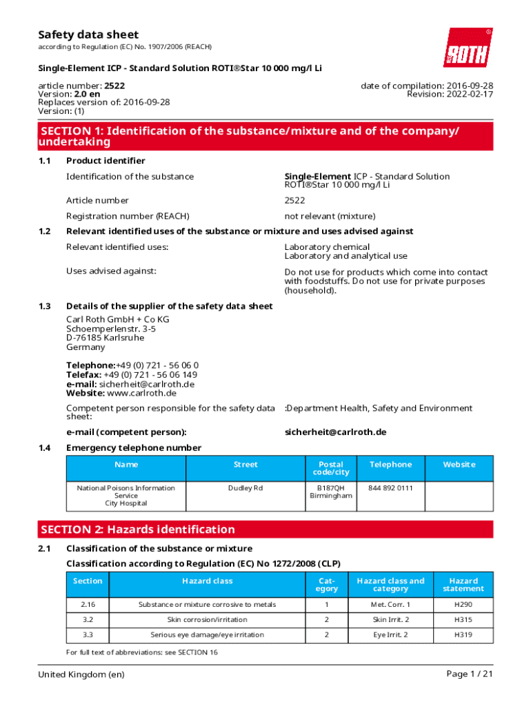 Fillable Online Safety Data Sheet for Single-element Icp - Standard ...