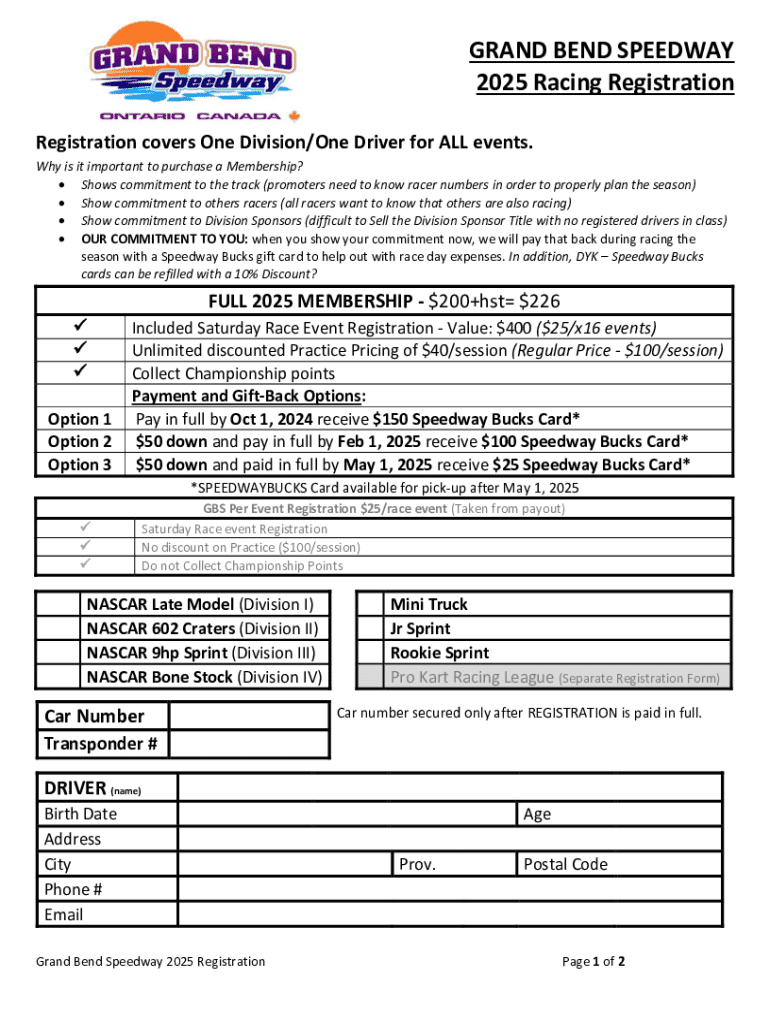 Fillable Online 2025 Racing Registration at Grand Bend Speedway Fax ...