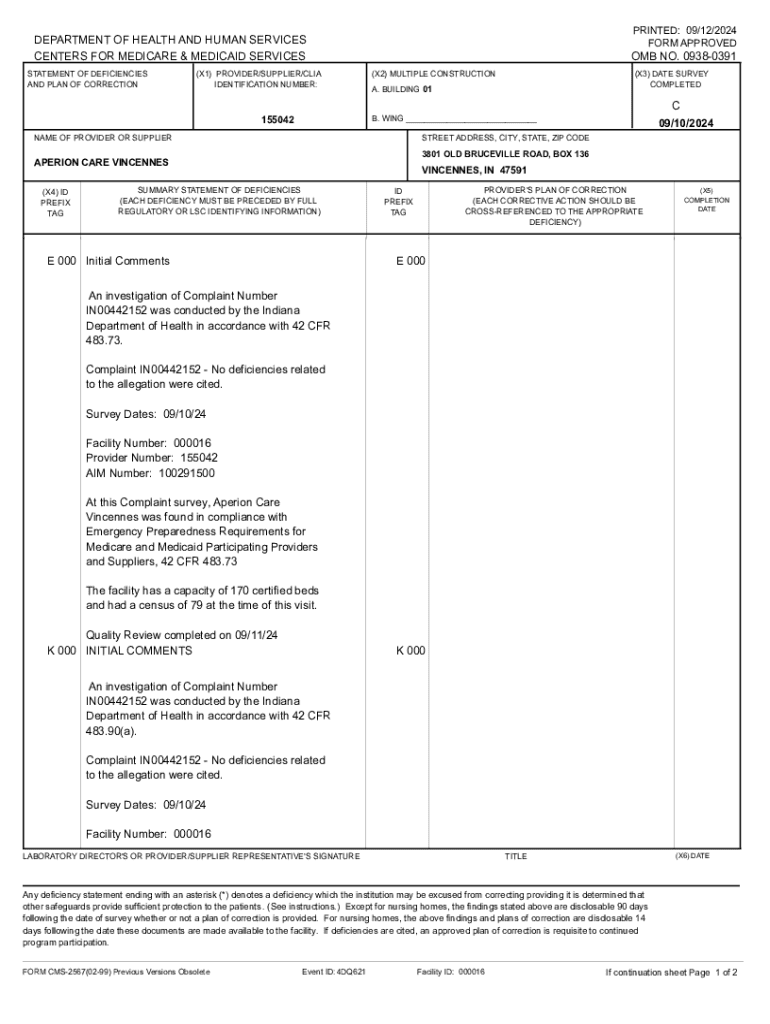 Fillable Online Statement of Deficiencies - Aperion Care Vincennes Fax ...