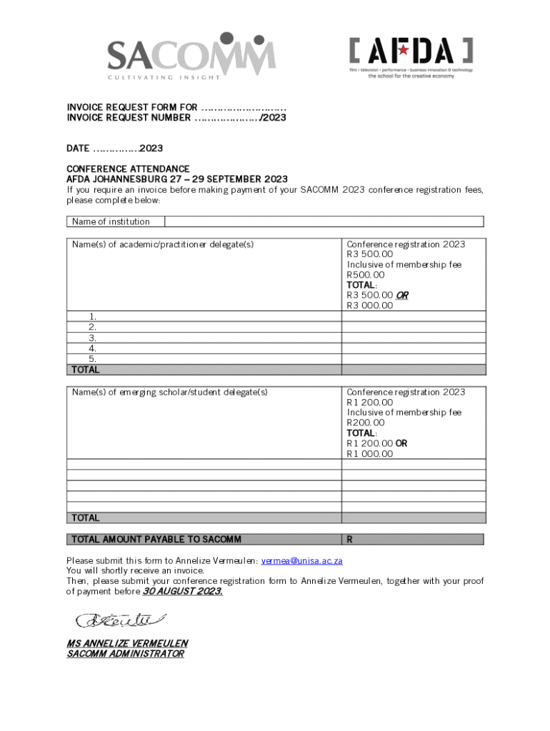 Fillable Online Sacomm 2023 Conference Invoice Request Fax Email Print ...